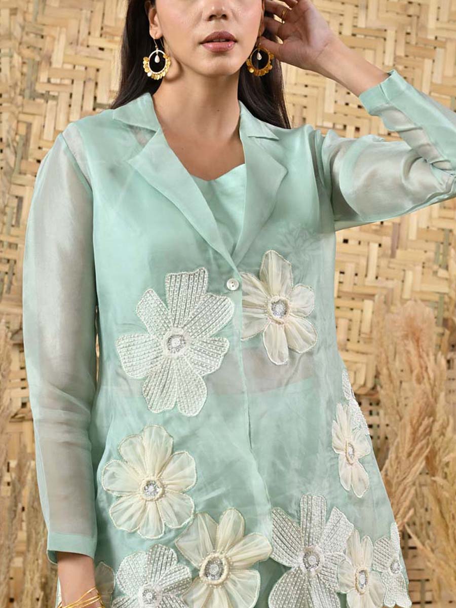 Buy Aqua Embroidered Organza Co-ord Set Online | Vasansi Jaipur